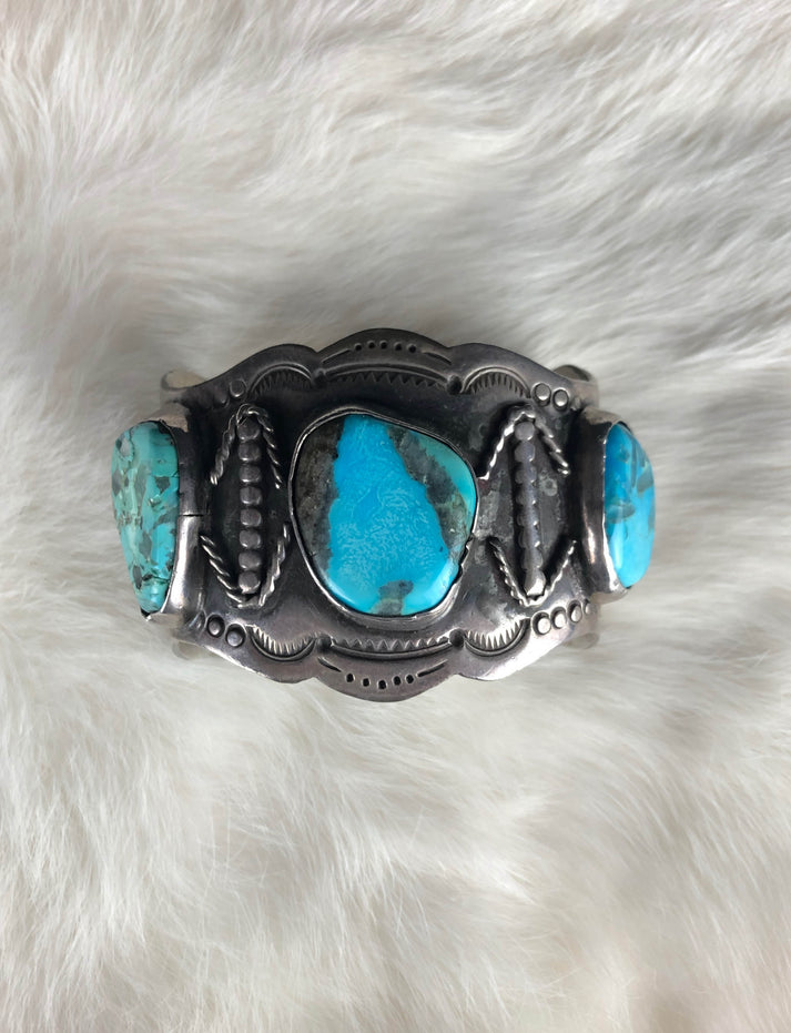 Vintage Sterling Silver Triple Turquoise Cuff Bracelet – Black Shag Vintage